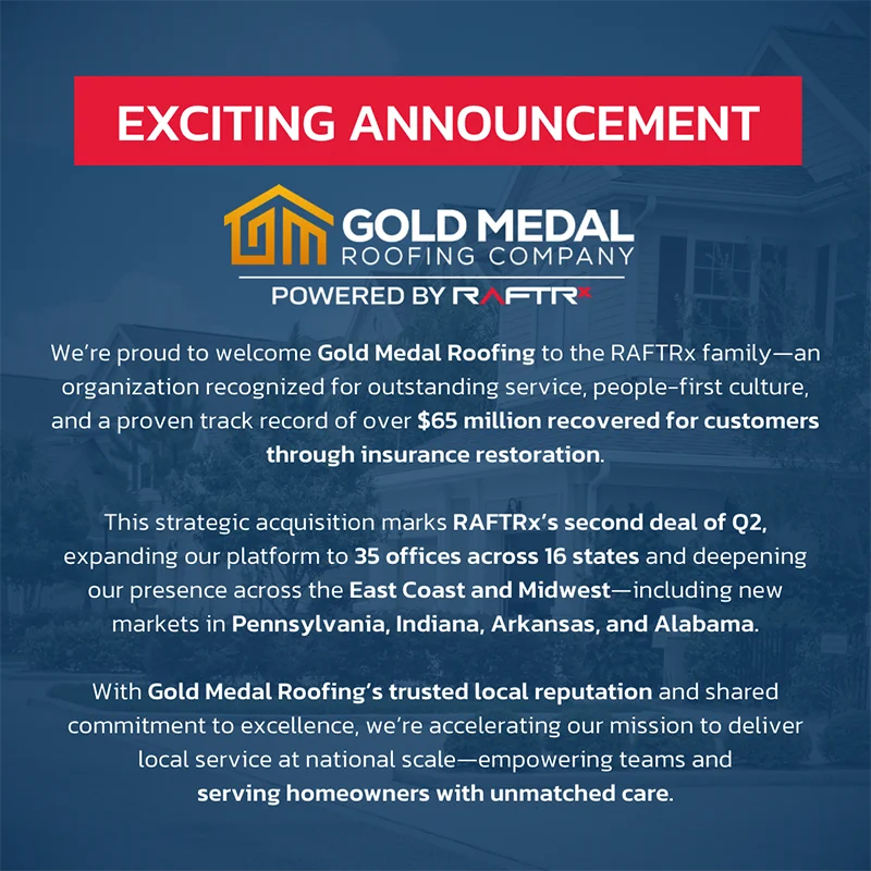 RAFTRx Acquires Gold Medal Roofing | RAFTRx Roofing + Exteriors